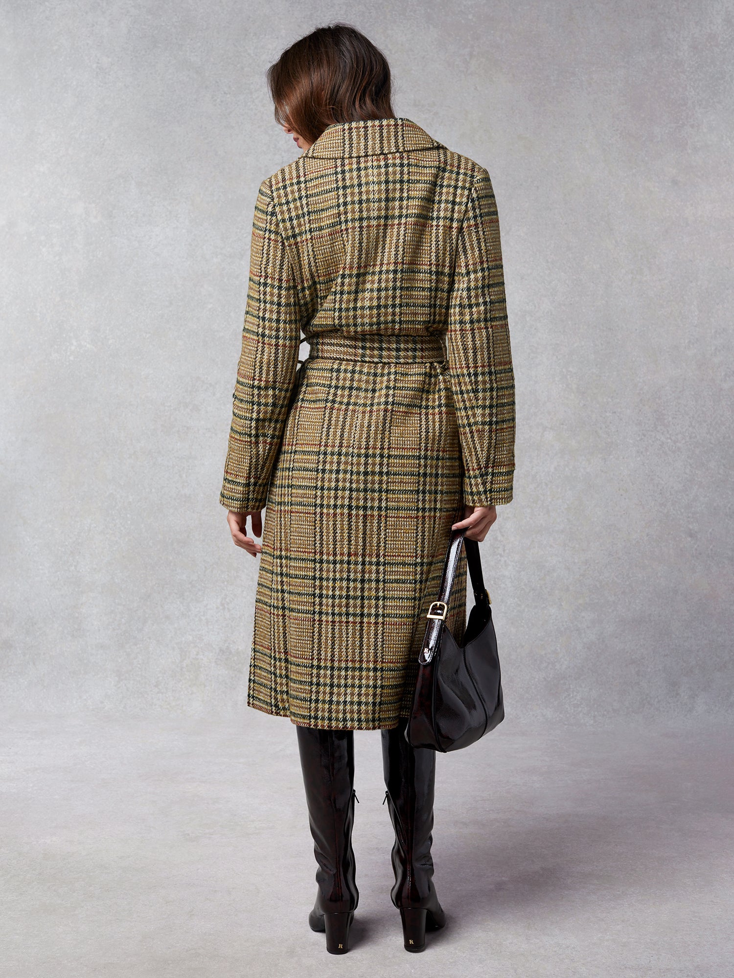 Manteau long ceinturé à carreaux beige | Rouje