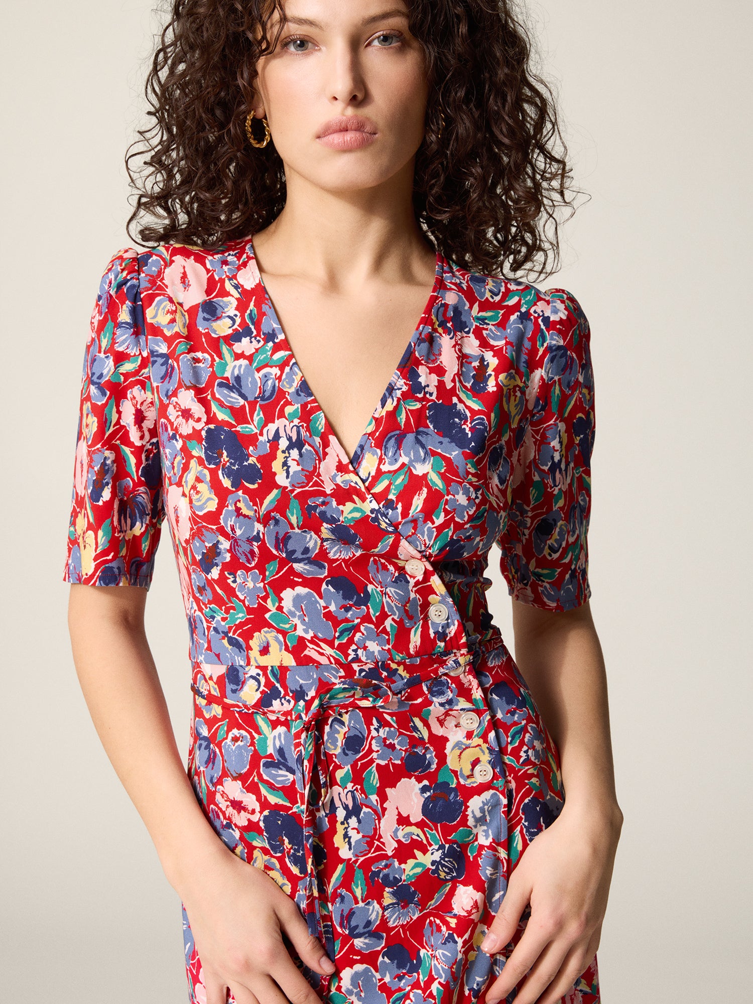 Red floral print midi wrap dress | Rouje