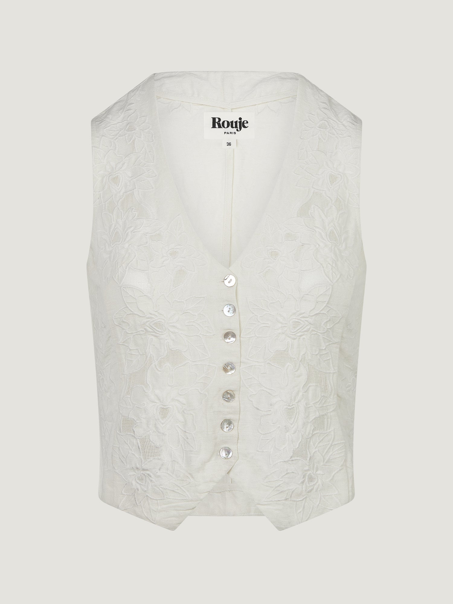 White sleeveless suit-type vest in embroidered linen | Rouje