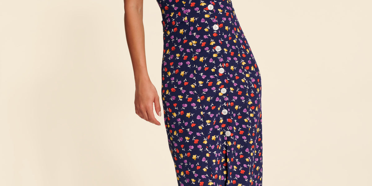 Floral navy midi dress with a shirt collar | Rouje
