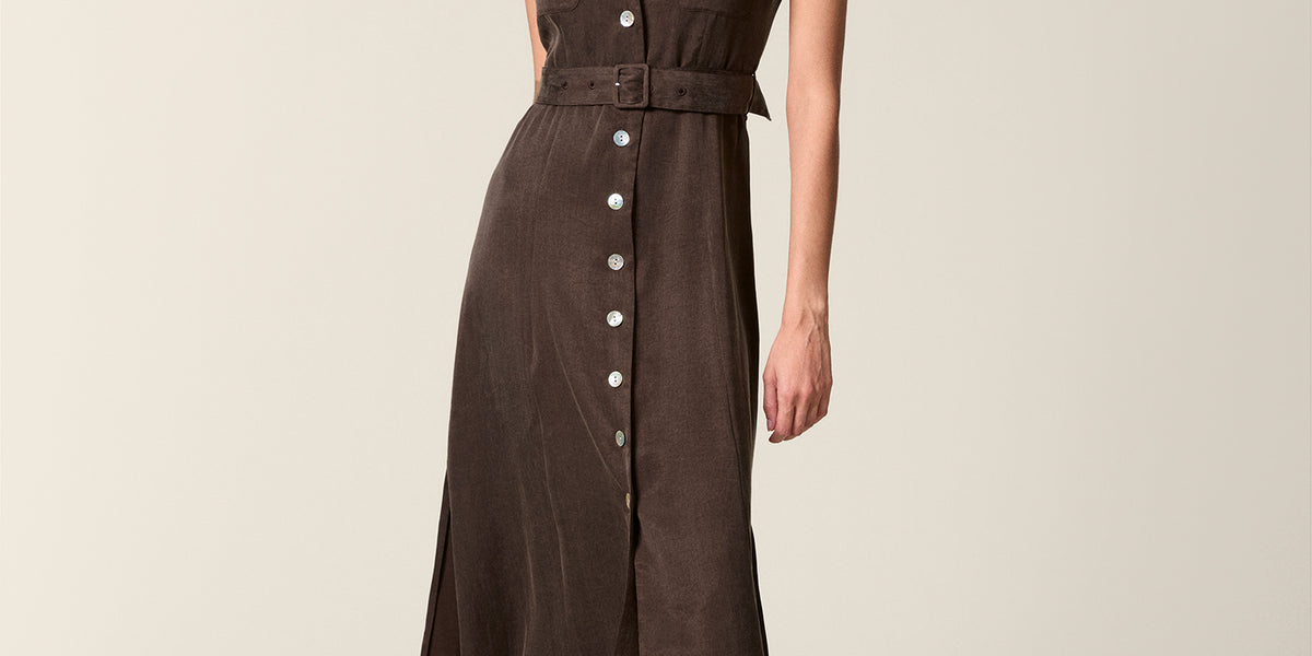 Robe midi ceinturée en tencel marron | Rouje