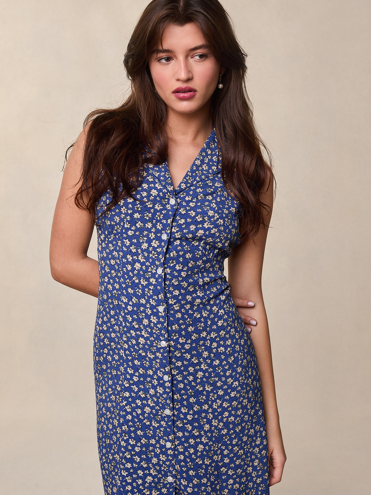 Robe midi fleurie sans manches | Rouje