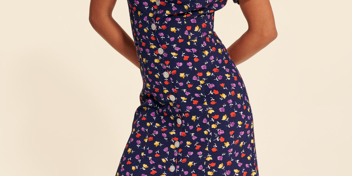 Floral navy midi dress with a shirt collar | Rouje