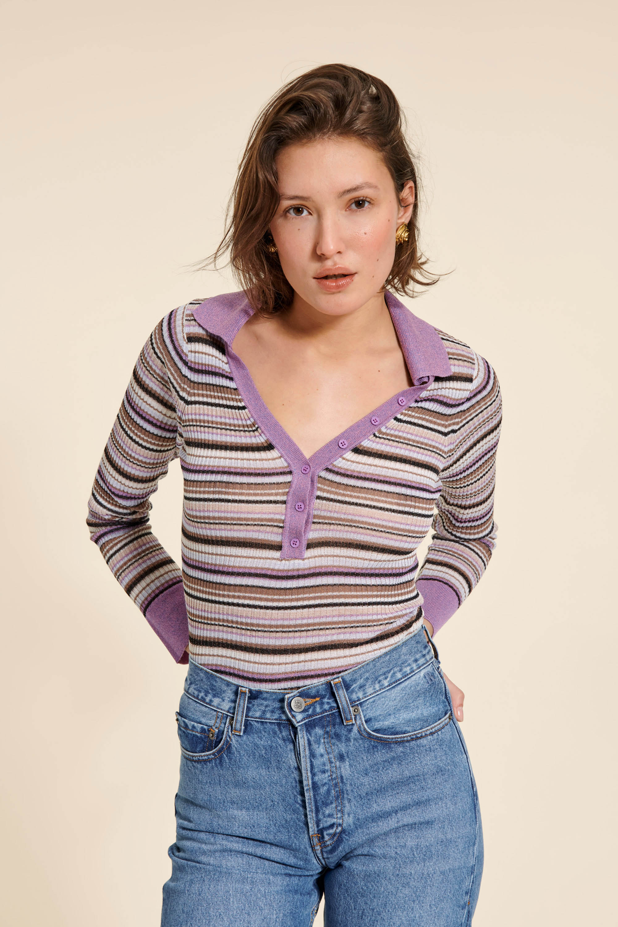 Polo à manches longues rayé lilas | Rouje